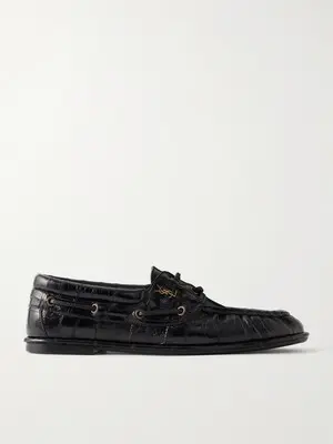 Saint Laurent Le Loafer Bateau Cassandre-embellished Textured-leather Loafers - Black