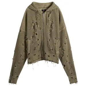 THUG CLUB Distressed Knitted Hoodie - Beige