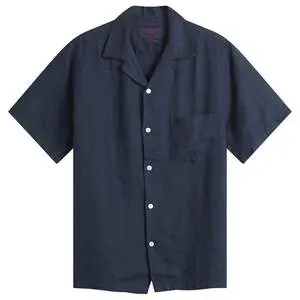 Portuguese Flannel Linen Camp Collar Vacation Shirt - Navy