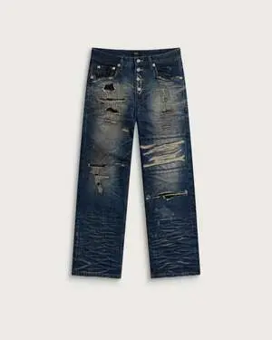 THUG CLUB Skull Stitch Ripped Denim Pants - Blue