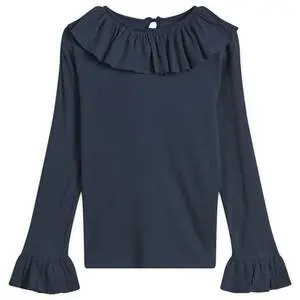 BEAMS Rib Knitted Ruffle Gathered Long Sleeve T-shirt - Navy