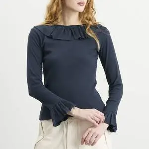 BEAMS Rib Knitted Ruffle Gathered Long Sleeve T-shirt