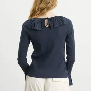 BEAMS Rib Knitted Ruffle Gathered Long Sleeve T-shirt