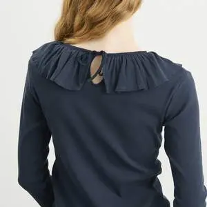 BEAMS Rib Knitted Ruffle Gathered Long Sleeve T-shirt