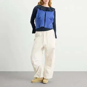 BEAMS Rib Knitted Ruffle Gathered Long Sleeve T-shirt