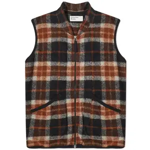 Universal Works Check Wool Fleece Zip Waistcoat Jacket - Brown