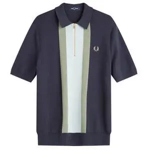 Fred Perry Textured Stripe Knitted Zip Polo Shirt - Dark Airforce