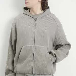ROA Bee Sun Faded Organic Waffle Zip Up Hoodie - Grey