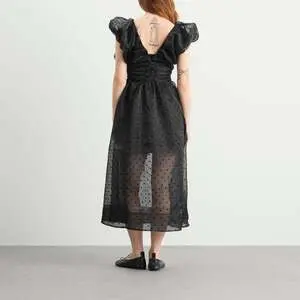 GANNI Flocked Organza Long Ruched Dress