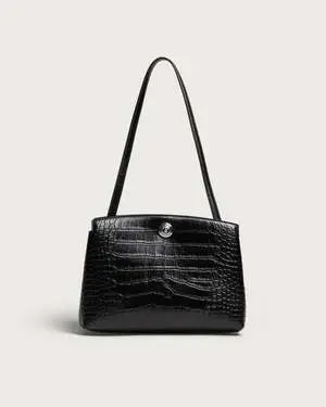 LIFFNER Pushlock Pouch Croc Embossed Shoulder Bag - Black/silver