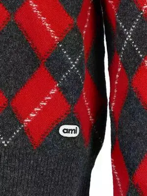AMI Paris Wool Cardigan In Red-argyle
