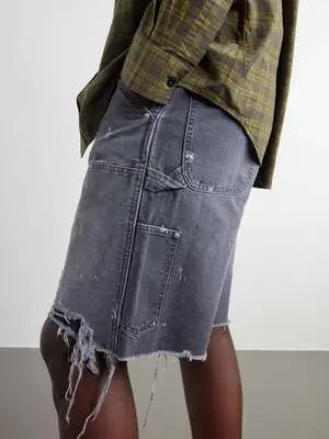 John Elliott Desert Snow Straight-leg Paint-splattered Distressed Denim Shorts