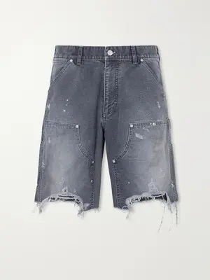 John Elliott Desert Snow Straight-leg Paint-splattered Distressed Denim Shorts - Gray