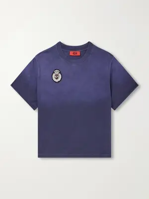 424 Distressed Logo-appliquéd Cotton-jersey T-shirt - Blue