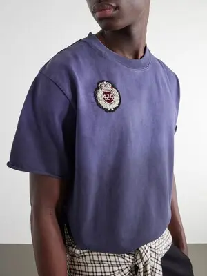 424 Distressed Logo-appliquéd Cotton-jersey T-shirt - Blue