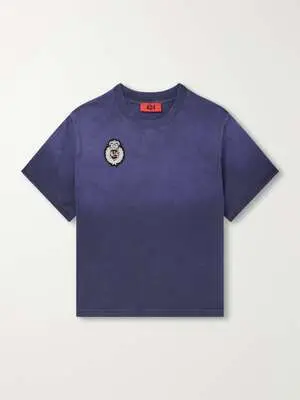 424 Distressed Logo-appliquéd Cotton-jersey T-shirt - Navy