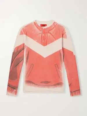 424 Azuki Shao Homage Printed Waffle-knit Henley T-shirt - Red