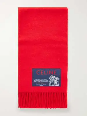 Celine Logo-appliquéd Fringed Wool And Cashmere-blend Scarf - Red