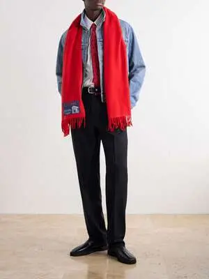 Celine Logo-appliquéd Fringed Wool And Cashmere-blend Scarf