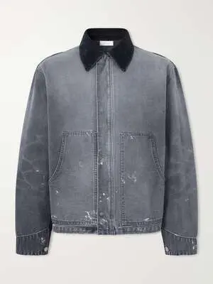 John Elliott Corduroy-trimmed Paint-splattered Denim Jacket - Gray