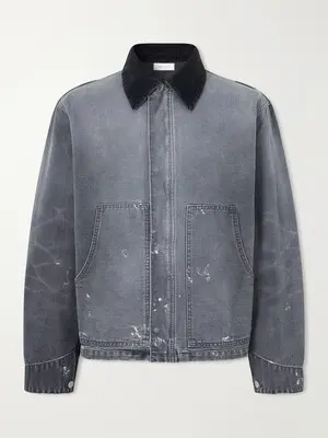 John Elliott Corduroy-trimmed Paint-splattered Denim Jacket - Gray