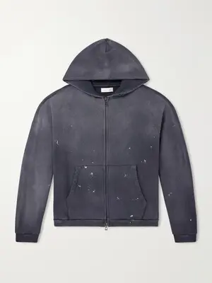 John Elliott Odean Frances Paint-splattered Distressed Cotton-jersey Zip-up Hoodie - Gray