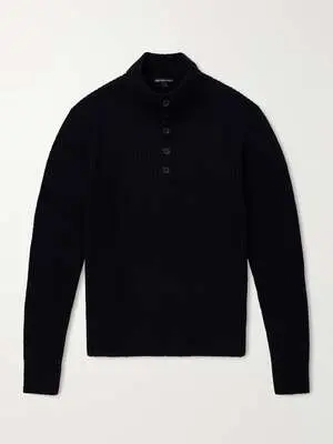 JAMES PERSE Ribbed Cashmere Polo Sweater - Black