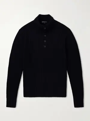 JAMES PERSE Ribbed Cashmere Polo Sweater - Black
