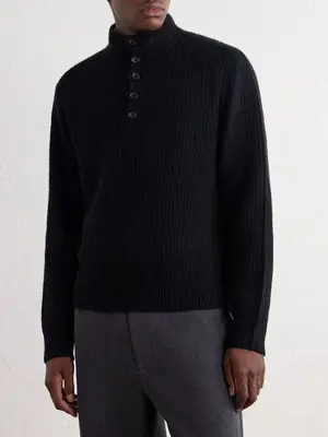 JAMES PERSE Ribbed Cashmere Polo Sweater - Black