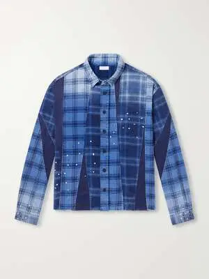 John Elliott Scar Paint-splattered Checked Mesh-trimmed Cotton-flannel Shirt - Blue