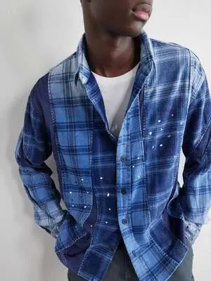 John Elliott Scar Paint-splattered Checked Mesh-trimmed Cotton-flannel Shirt