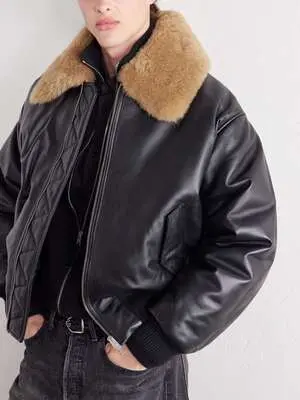 AMI Paris Padded Shearling-trimmed Full-grain Leather Jacket