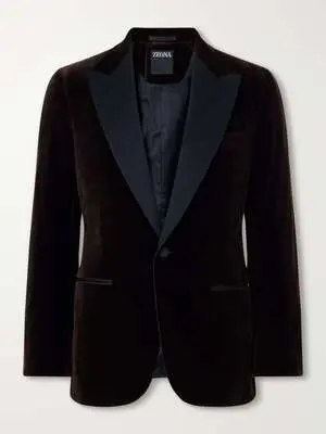 Zegna Satin-trimmed Cotton-velvet Tuxedo Jacket - Brown