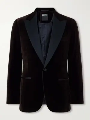 Zegna Satin-trimmed Cotton-velvet Tuxedo Jacket - Brown