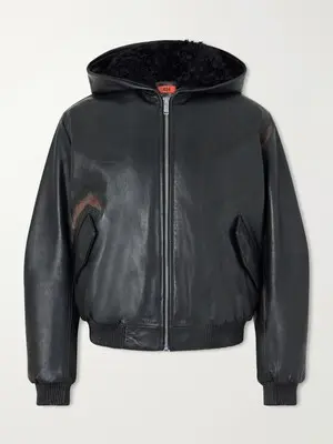 424 Padded Distressed Shearling-trimmed Leather Jacket - Black