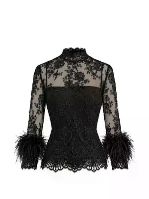 GEMY MAALOUF Feather-trim Lace Top - Black