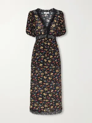 Sea Kaiya Floral-print Lace-trimmed Crepe De Chine Midi Dress - Multi