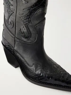 Paris Texas Embroidered Snake-effect Trimmed Leather Knee Boots
