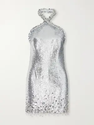 Simkhai Naya Crystal-embellished Sequined Satin Halterneck Mini Dress - Silver