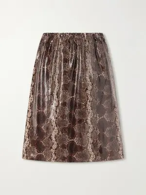 Nour Hammour Sabella Gathered Snake-effect Patent-leather Midi Skirt - Brown