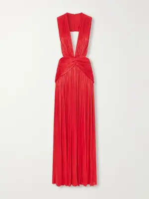 Costarellos Silla Knot-detailed Pleated Georgette Gown - Red