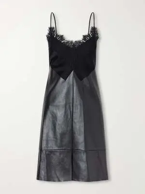 Sharon Wauchob Paneled Lace-trimmed Satin And Leather Mini Dress - Black