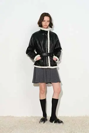Fabrique Athena Belted Shearling Padded Jacket In Vegan Leather - Black