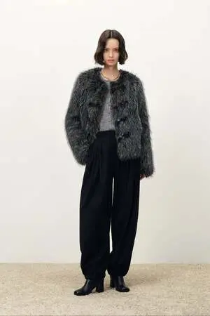 Fabrique Liora Ombre Horn Button Jacket With Scarf In Faux Fur - Black