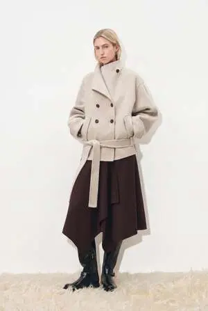 Fabrique Asa Belted Low Waist Cropped Coat In Wool Blend - Grey