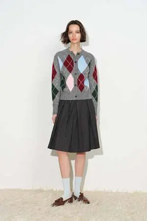 Fabrique Hart Argyle Fitted Cropped Cardigan In Wool Blend - Grey