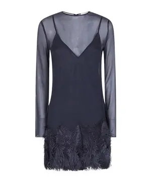 SEMICOUTURE Rae Feather-trim Sheer-sleeve Mini Dress - Black