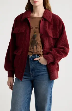 The Great. The Patch Pocket Plush Jacket - Maroon