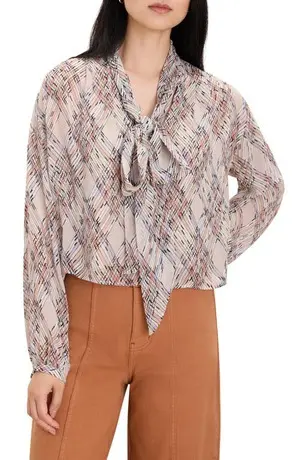 NIC+ZOE Painted Plaid Tie Neck Shirt - Neutral Multi