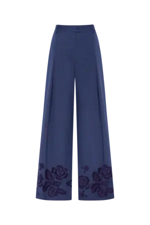 ANNABO Velvet Rose Embroidered Wool Wide-leg Pants – Steel - Blue